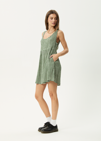 AFENDS Womens Base Jesse - Seersucker Mini Dress - Deep Green Check