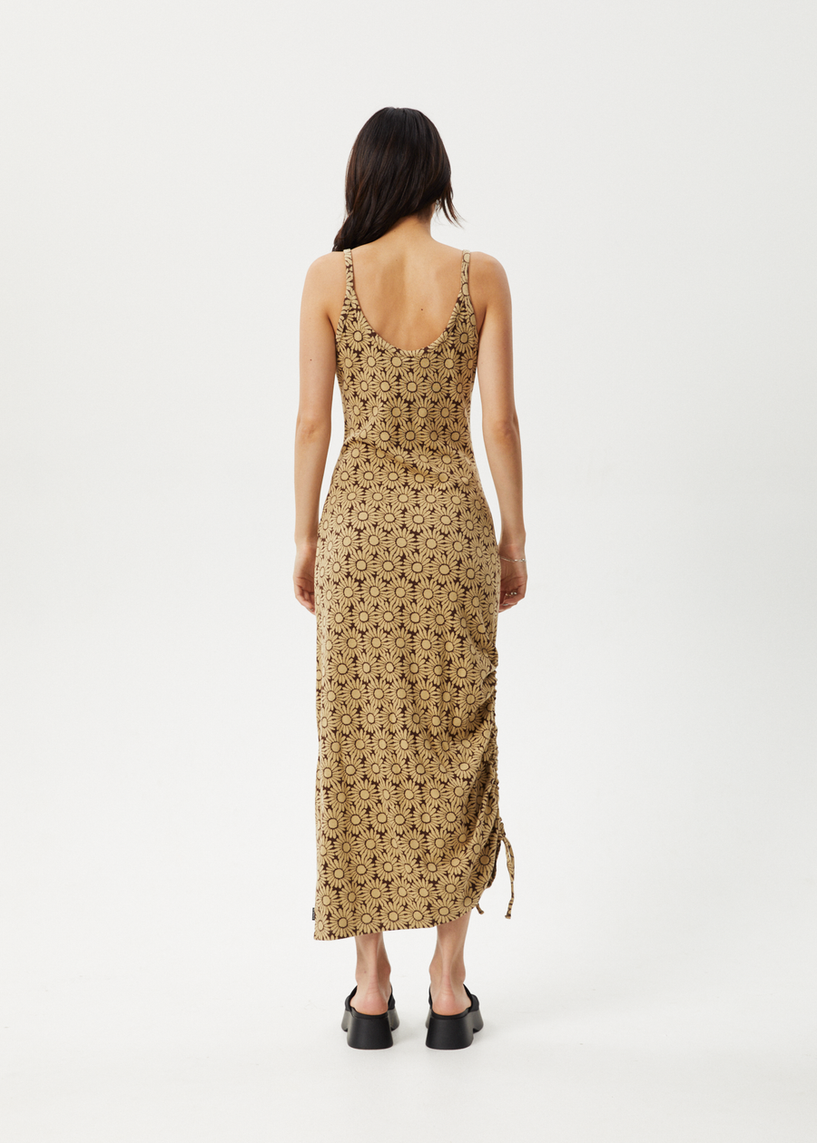 AFENDS Womens Daisy - Gathered Floral Maxi Dress - Toffee - Afends AU.