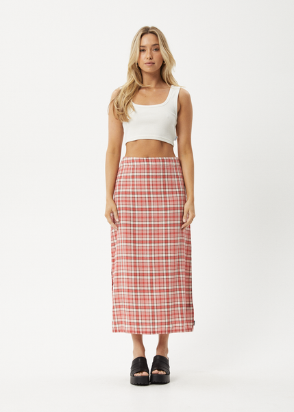 AFENDS Womens Check Out - Midi Skirt - Red Check - Afends AU.