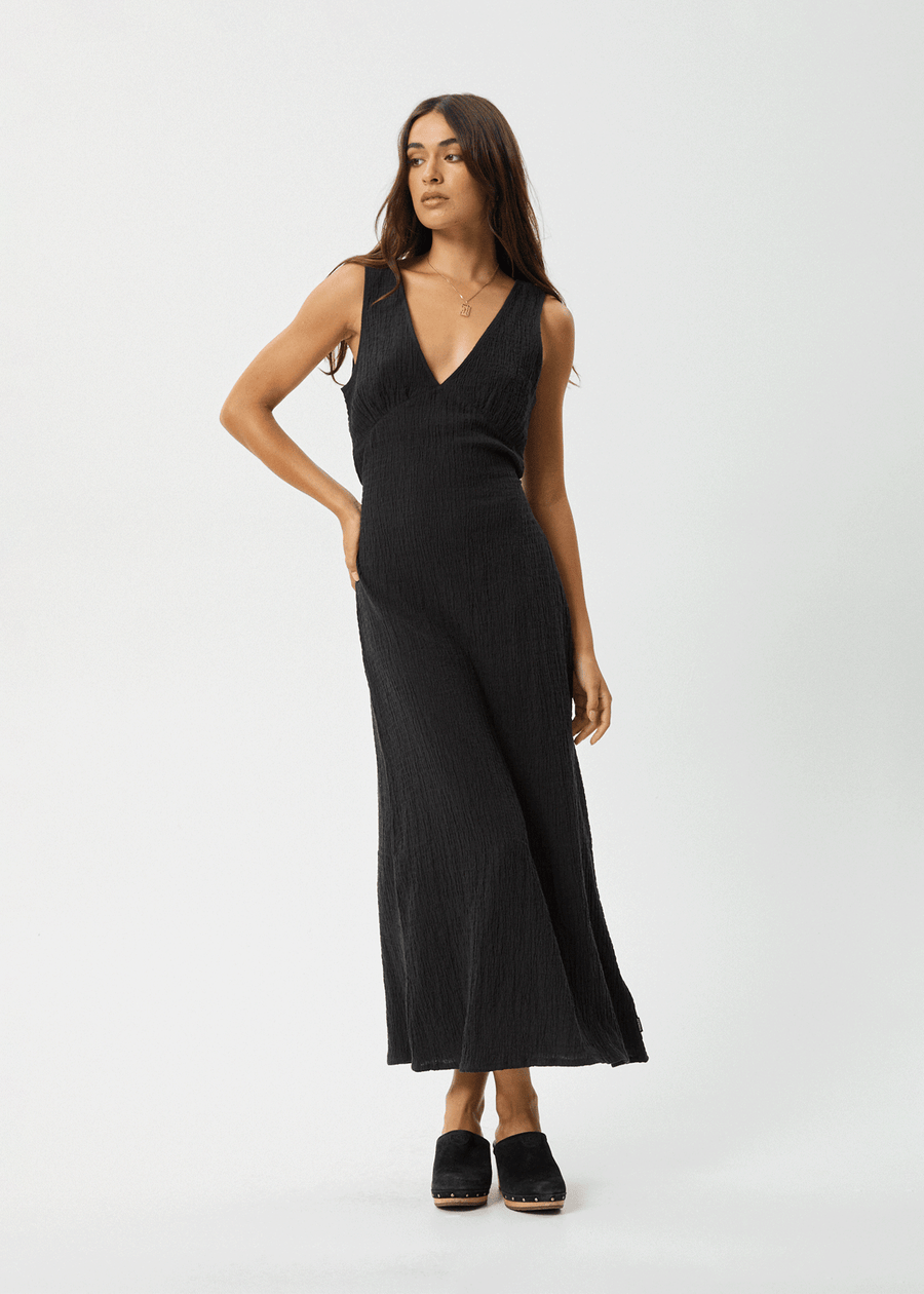 AFENDS Womens Focus - Seersucker Maxi Dress - Black - Afends AU.