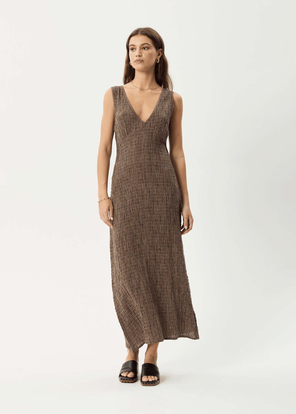 AFENDS Womens Hometown - Seersucker Check Maxi Dress - Coffee