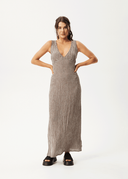 AFENDS Womens Base - Seersucker Check Maxi Dress - Coffee Check ...