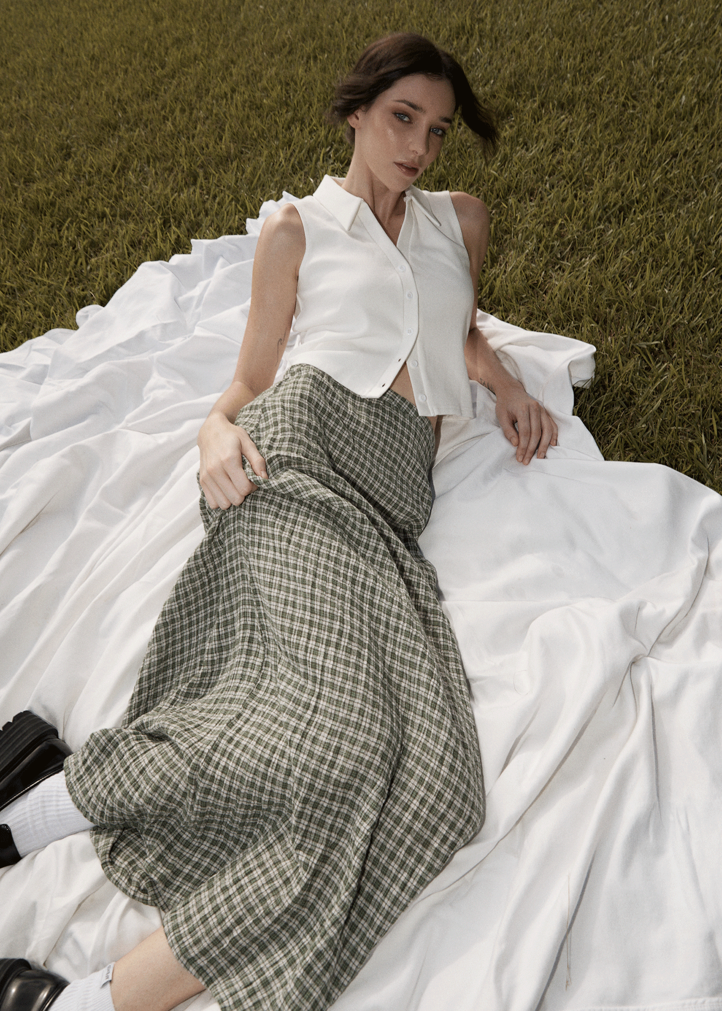 AFENDS Womens Base - Seersucker Maxi Skirt - Deep Green Check