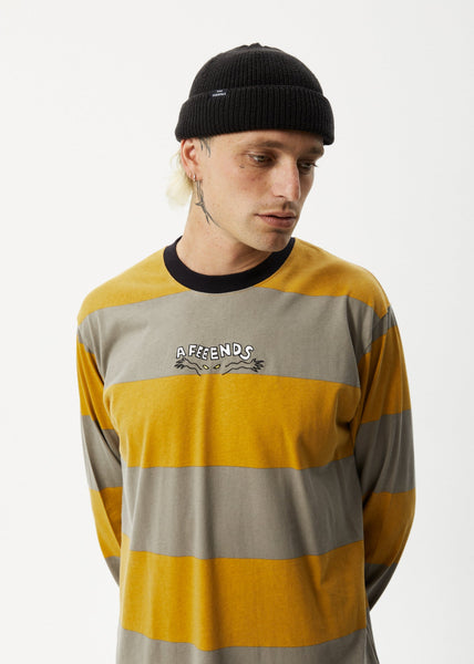 AFENDS Mens Space - Striped Long Sleeve Logo T-Shirt - Mustard Stripe ...